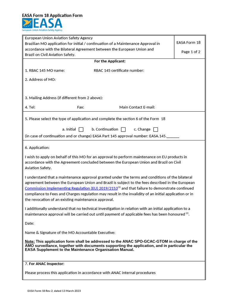 EASA Form 18 - EASA Brazil Part-145 Approvals-Rev2 | PDF