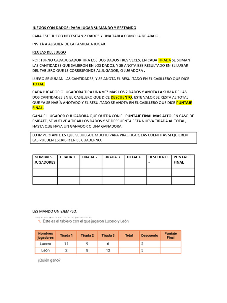 JUEGOS CON DADOS SUMAS Y RESTAS 22-06 | PDF