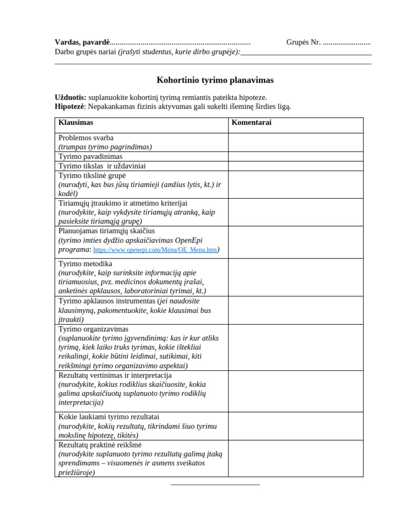 Užduotis - Kohort - Tyrimo Planav - Pogr - 1 | PDF