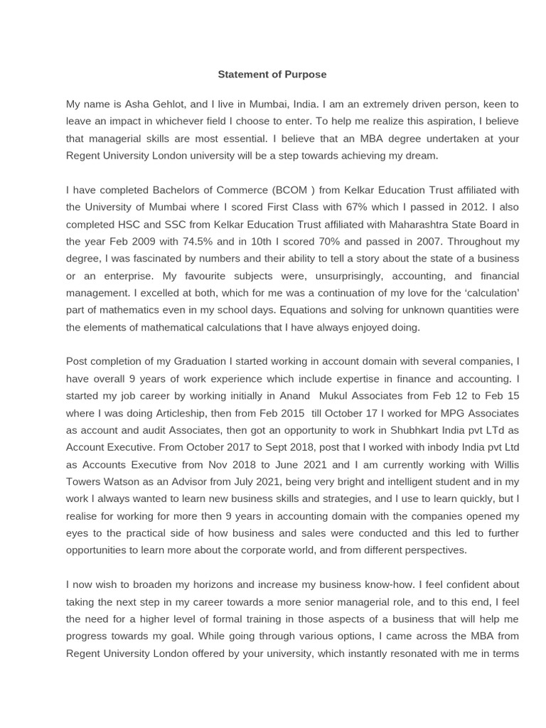 SOP - Regent University London | PDF | Master Of Business Administration