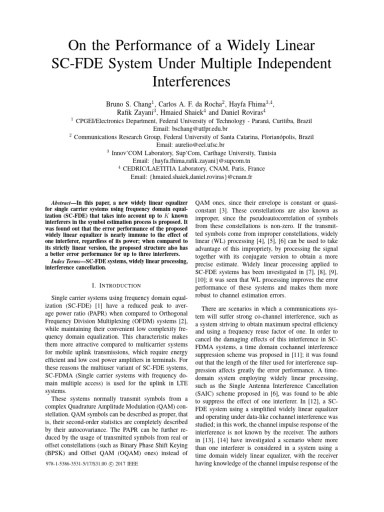 On The Performance of A Widely Linear SC-FDE System Under Multiple Independent Interferences ...