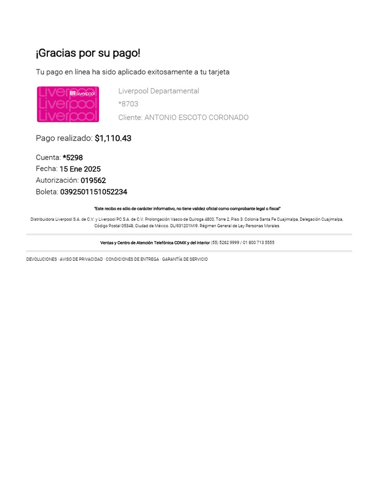 Recibo de Pago Liverpool - Antonio Escoto | PDF