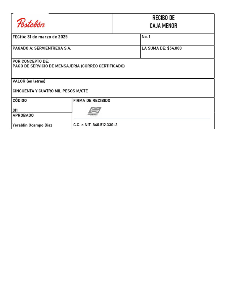 Recibo de Caja Menor por Mensajería | PDF