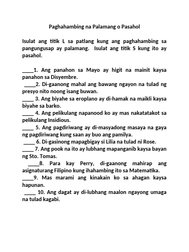 Paghahambing Na Palamang o Pasahol | PDF