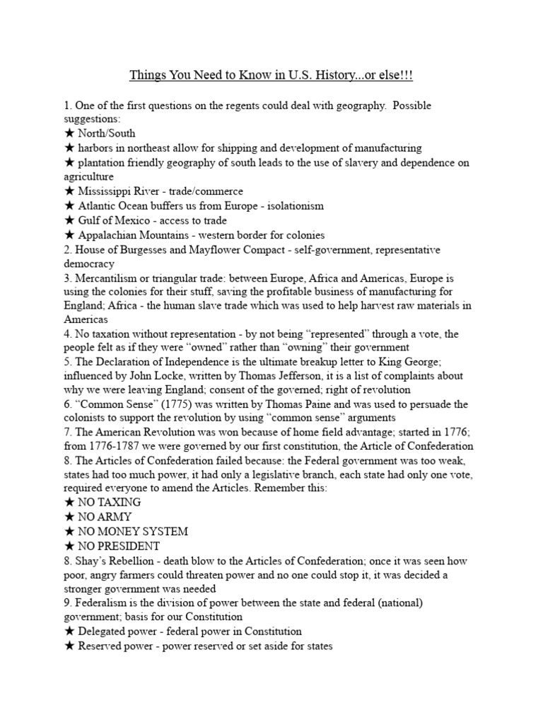 US History Things To Know REGENTS | PDF | American Government ...