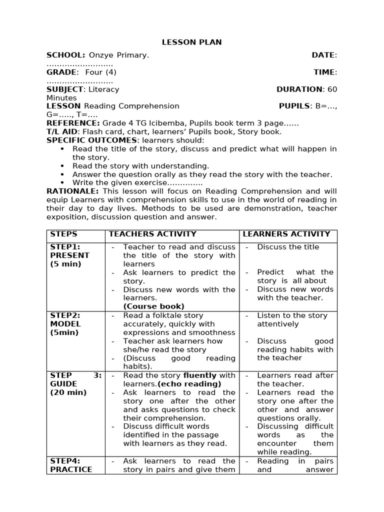 4th Grade Reading Comprehension Plan | PDF | Reading Comprehension ...