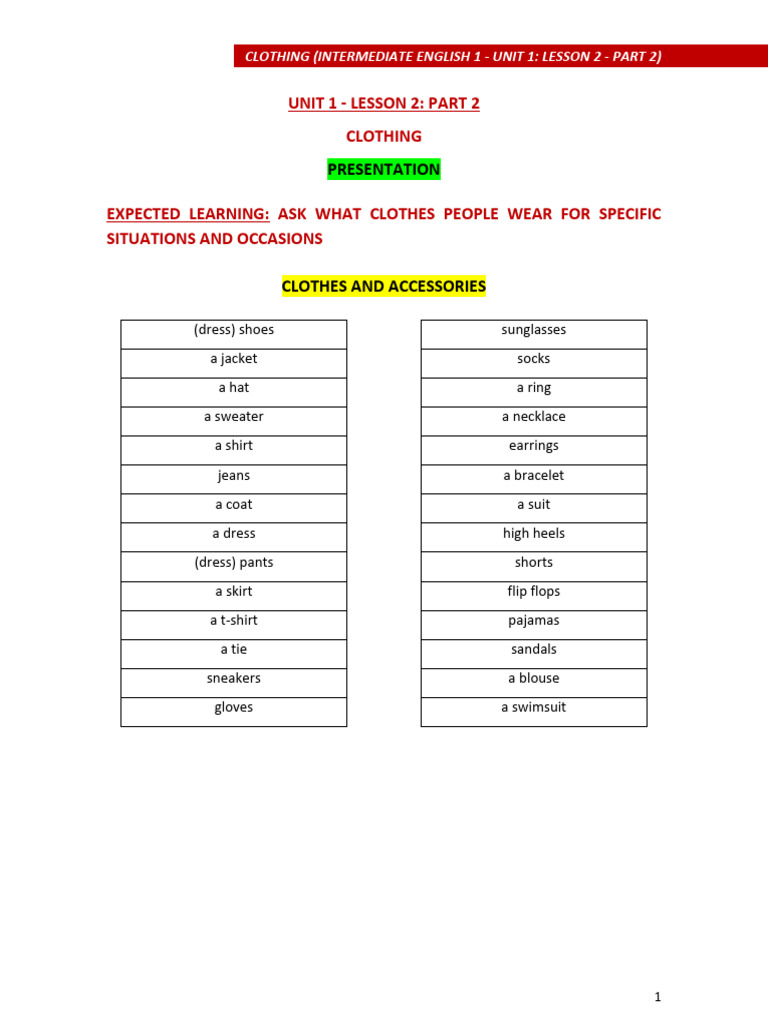 Clothing (Unit 1 - Lesson 1 - Part 2) - Udi | PDF | Clothing | Human ...