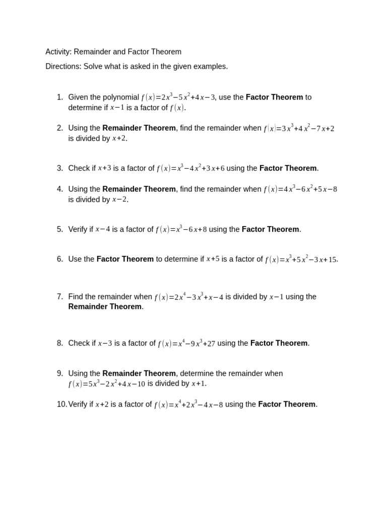 Activity Factor and Remainder Theorem | PDF