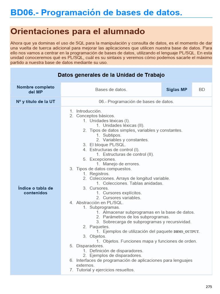 BD-UT06-Programación de bases de datos | PDF | Pl / Sql | SQL