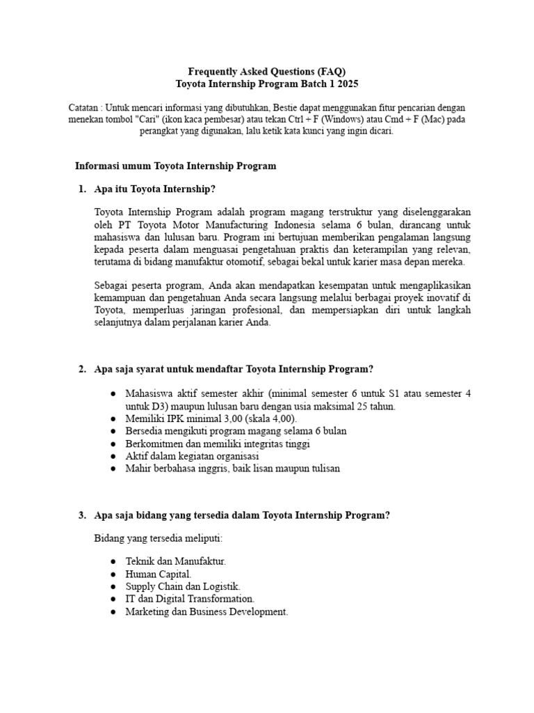 FAQ Toyota Internship Program Batch 1 2025 | PDF