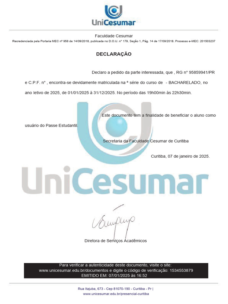 Declaração de Matrícula 2025 Cesumar | PDF