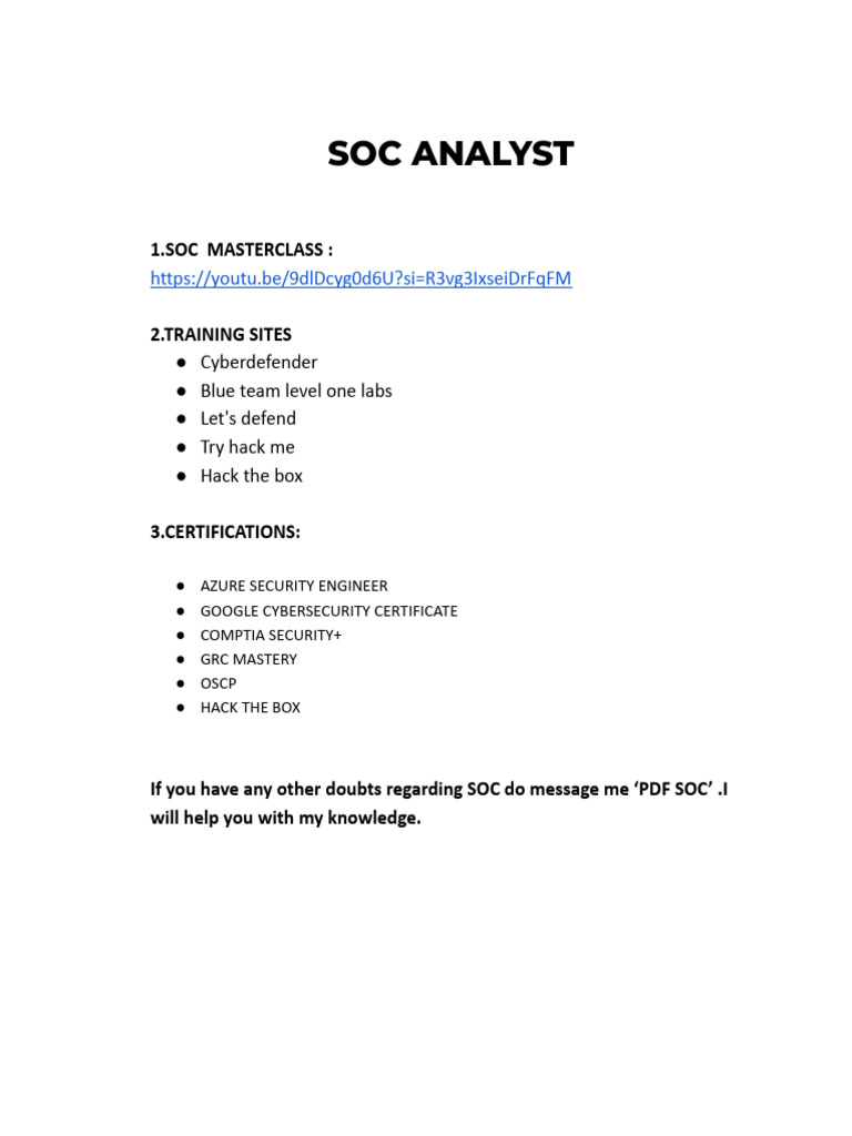SOC Analyst Training and Resources | PDF