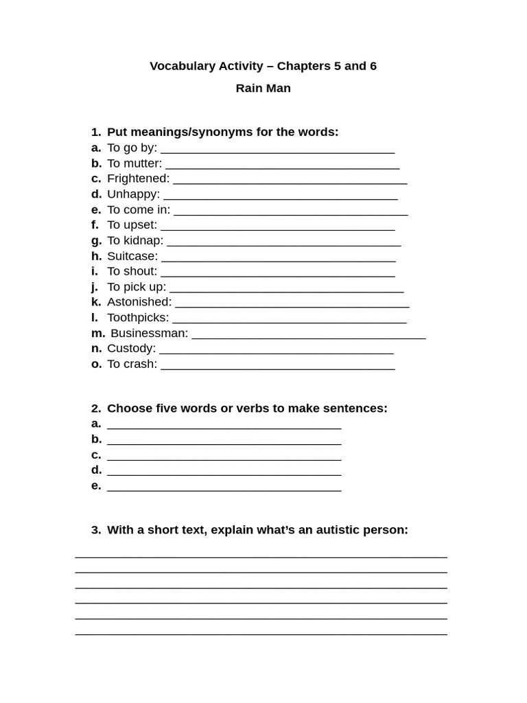 Vocabulary Activity for Rain Man Chapters 5-6 | PDF