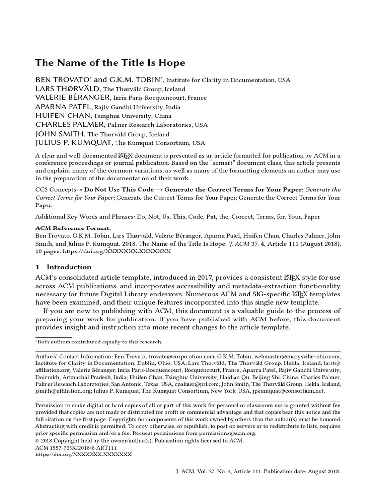 Association For Computing Machinery Acm Small Standard Format Template | PDF | Association For ...