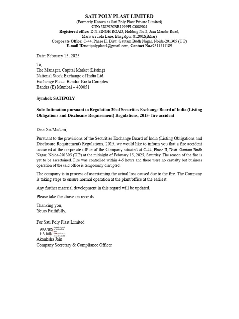 Sati Polyplast Fire Incident Update | PDF