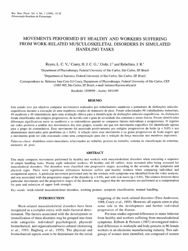 Trunk Movements in Simulated Tasks | PDF | Human Diseases And Disorders ...