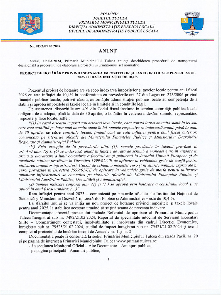 HTTPSWWW - Primariatulcea.rowp Contentuploads202403Anuntul Nr. 9192 Din ...