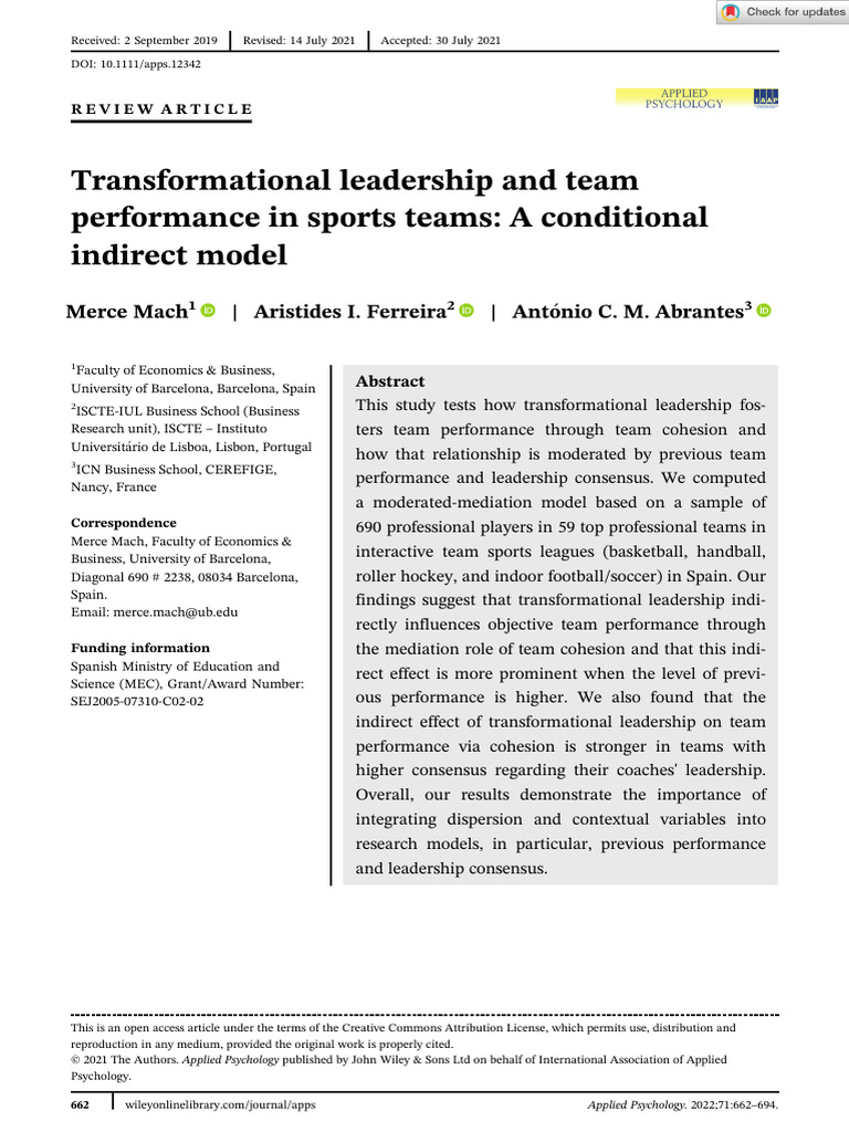 Applied Psychology - 2021 - Mach - Transformational leadership and team performance in sports ...