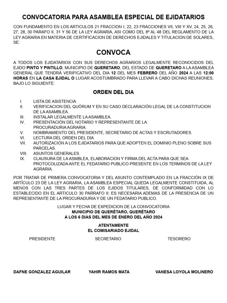 Convocatoria Asamblea Ejidatarios Querétaro | PDF