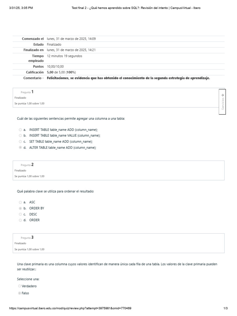Test Final 2 - ¿Qué Hemos Aprendido Sobre SQL - Revisión Del Intento ...