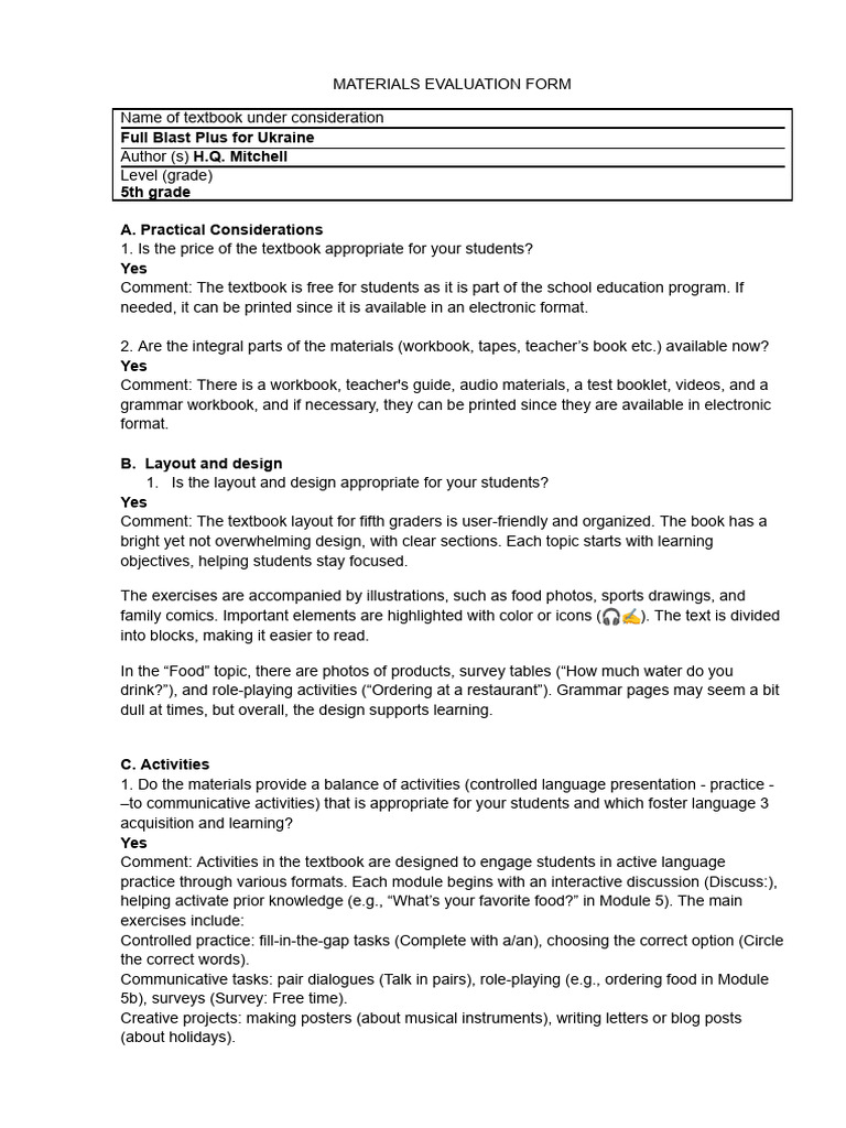 Textbook Evaluation Form | PDF | English Language | Textbook
