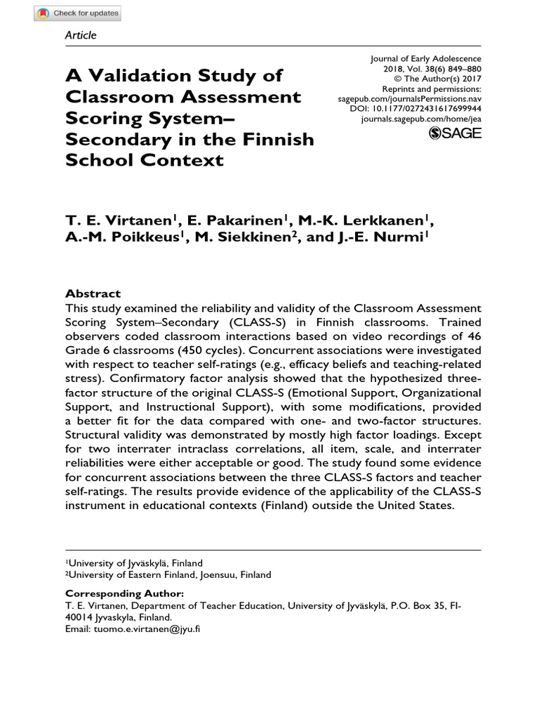 A Validation Study of Classroom Assessment Scoring System– Secondary in ...