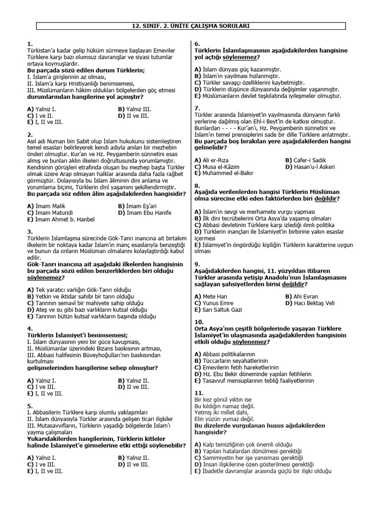 12.sinif Din Kulturu 2.unite Calisma Sorulari Ve Cevaplari | PDF