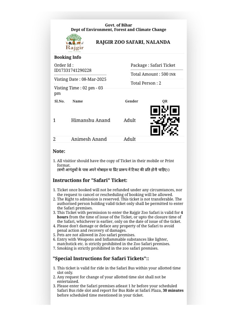 Rajgir Zoo Safari Ticket Details | PDF | Wildlife