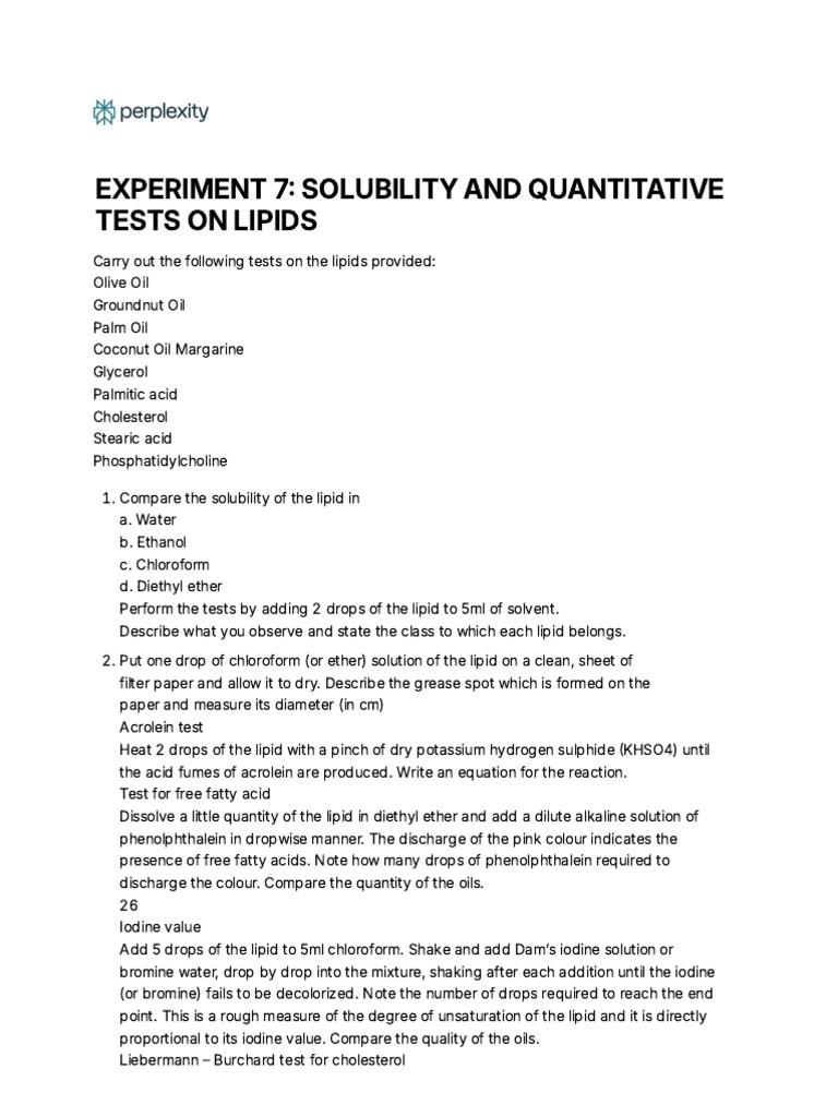 Lipid Solubility and Analysis Tests | PDF | Lipid | Fat