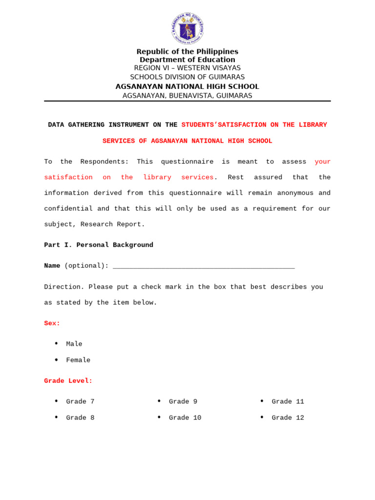 QUESTIONNAIRE-EXAMPLE_080229 | PDF | Questionnaire | Libraries