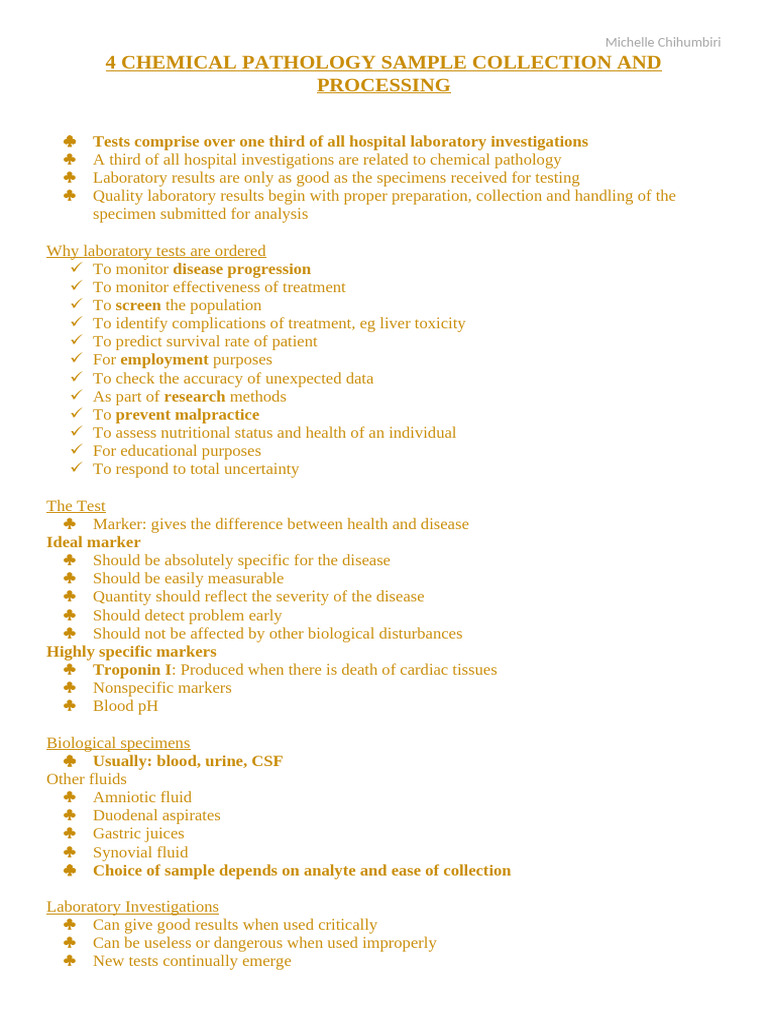 4 Chemical Pathology Sample Collection and Processing | PDF | Blood ...