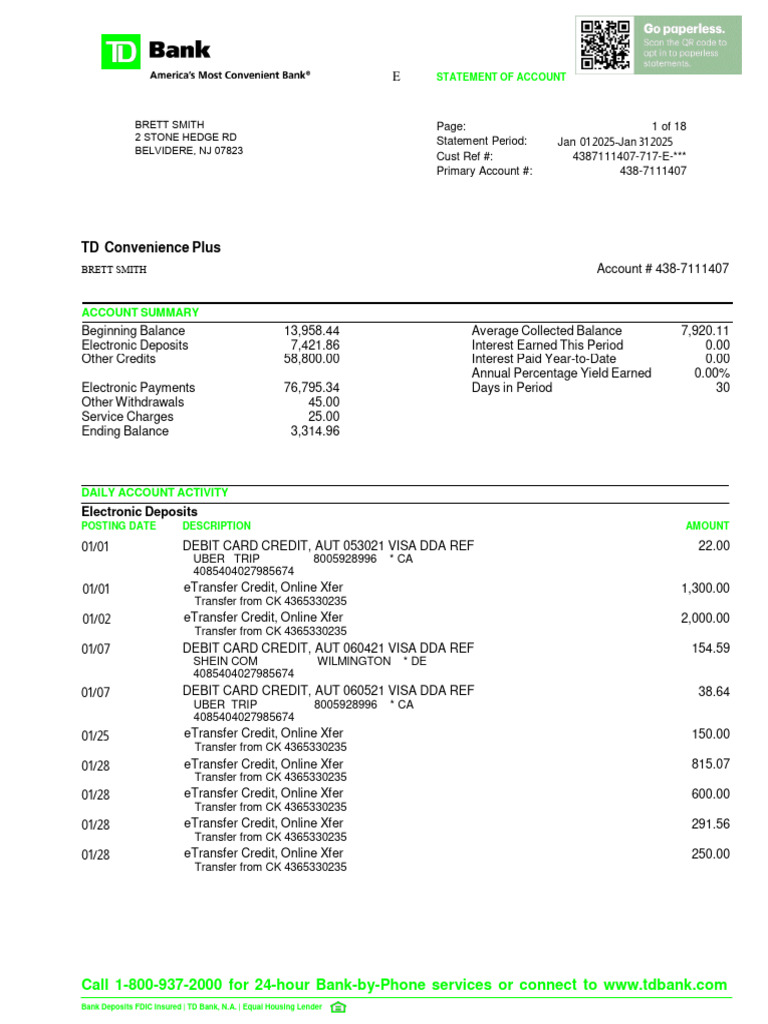 Bank Statement - APRIL TD Bank | PDF | Credit Card | Debit Card