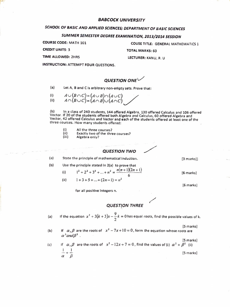 Math101 Summer Exam 13 - 14 | PDF | Algebra | Mathematics