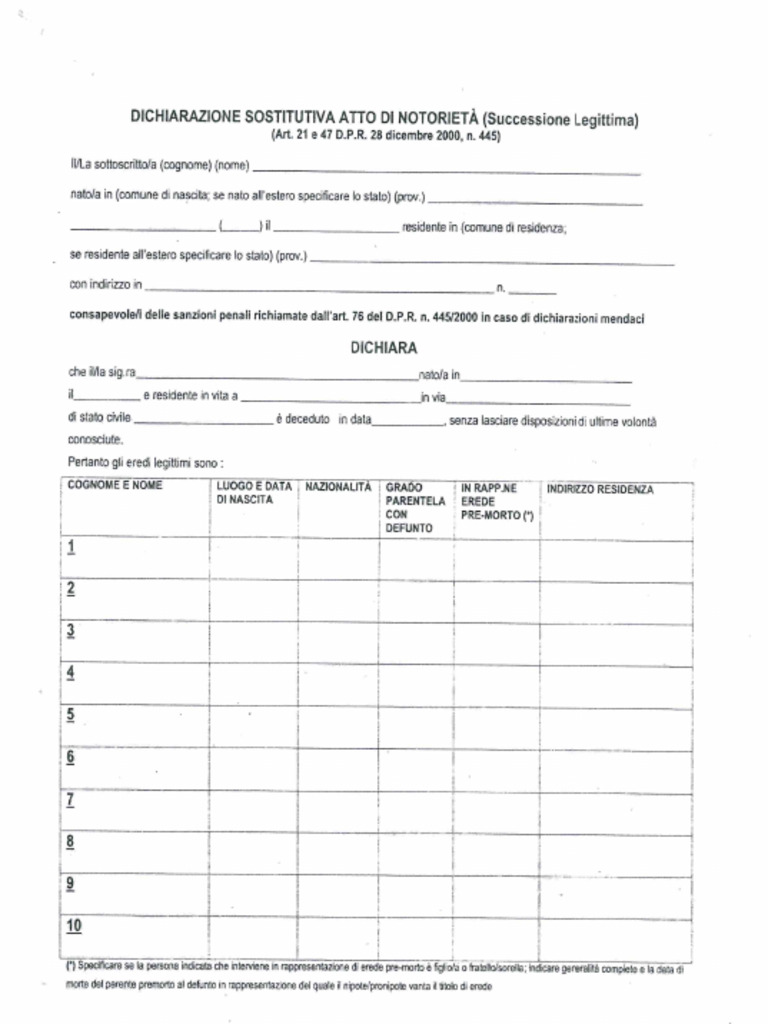 693 Modulistica Dichiarazione Sostitutiva Atto Notoriet Successione Legittima | PDF