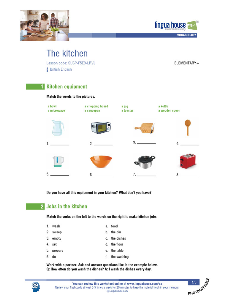 Kitchen Vocabulary for Elementary Learners | PDF | Kitchen | Cooking