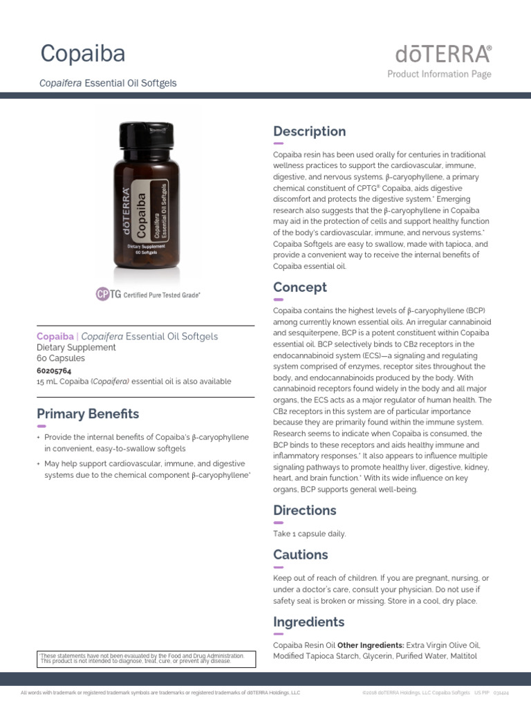 Copaiba Softgels-Supplements-PIP-US-English-PDF-31424 | PDF | Biochemistry | Chemistry