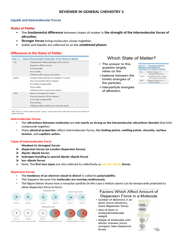 Reviewer in General Chemistry 2 Quiz 1 | PDF | Intermolecular Force ...