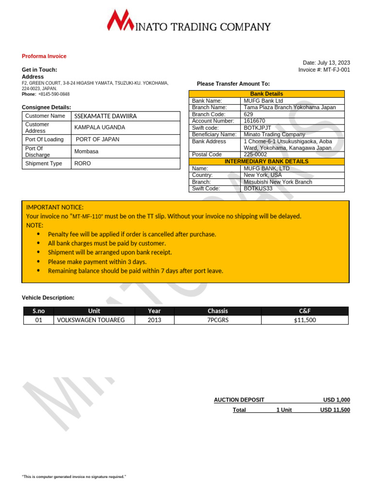 Proforma Invoice with Bank Details | PDF | Banks | Receipt