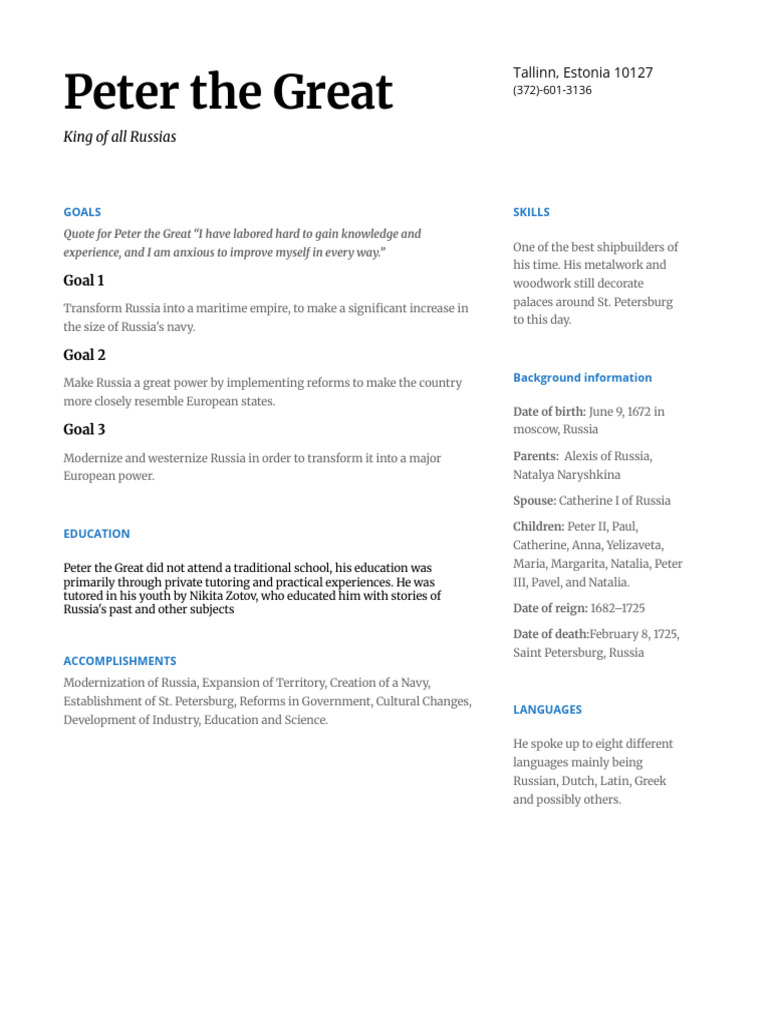 Monarch-Resume of Peter The Great | PDF | Russia | World Politics