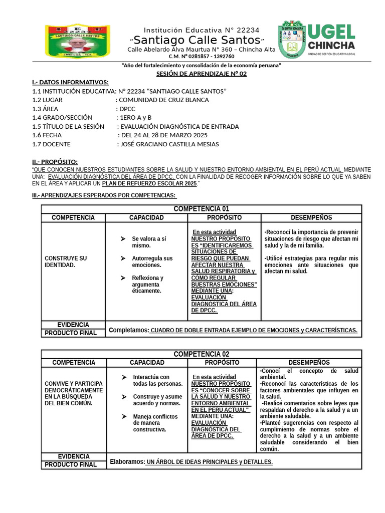 Sesion de Aprendizaje 02 DPCC 1ero-2025 - Vi Ciclo - Ede | PDF | Evaluación | Aprendizaje