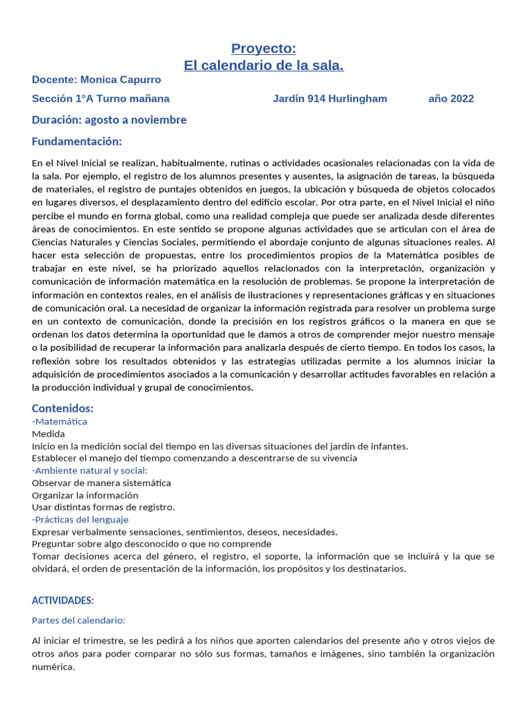 Actividades de Calendario en Jardín | PDF | Comunicación | Educación de ...