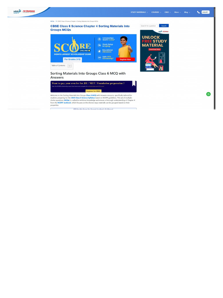 Science Chapter 4 Sorting Materials Into Groups Class 6 MCQ With Answer-Cvscreenshot | PDF