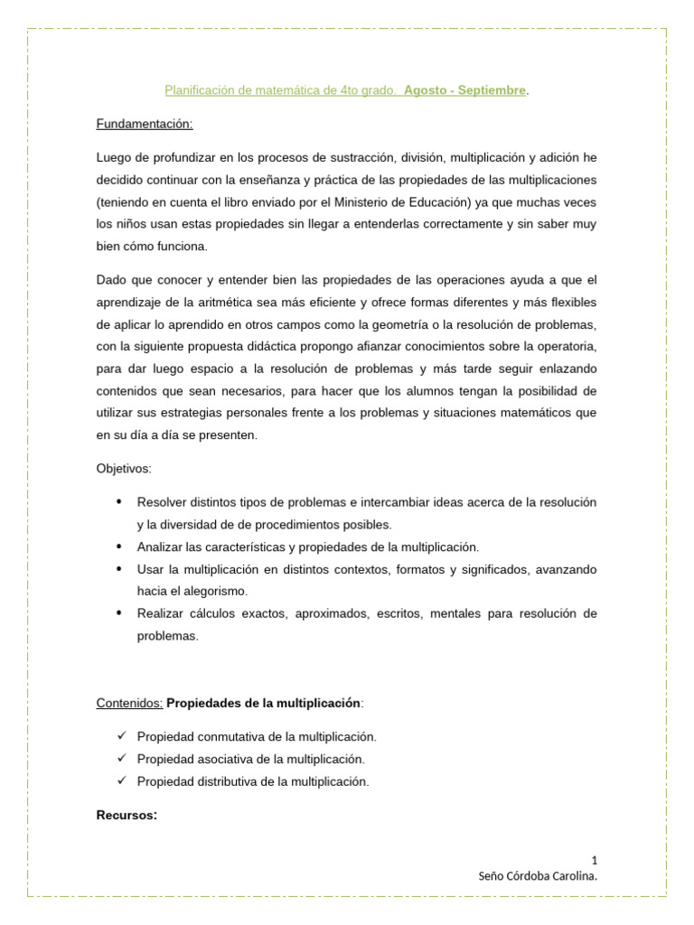 Planificación de Matemática de 4to Grado | PDF | Multiplicación ...
