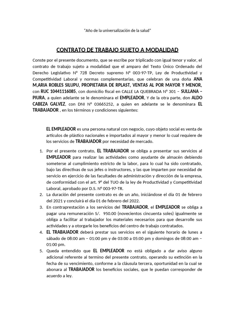 contrato de trabajo sujeto a modalidad | PDF | Derecho laboral | Justicia