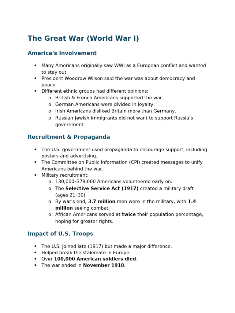 Lecture II The Great War (WWI) Notes | PDF | World War I | Epidemics