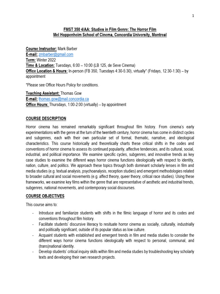 Horror Film Studies Course Overview | PDF | Essays | Horror Films