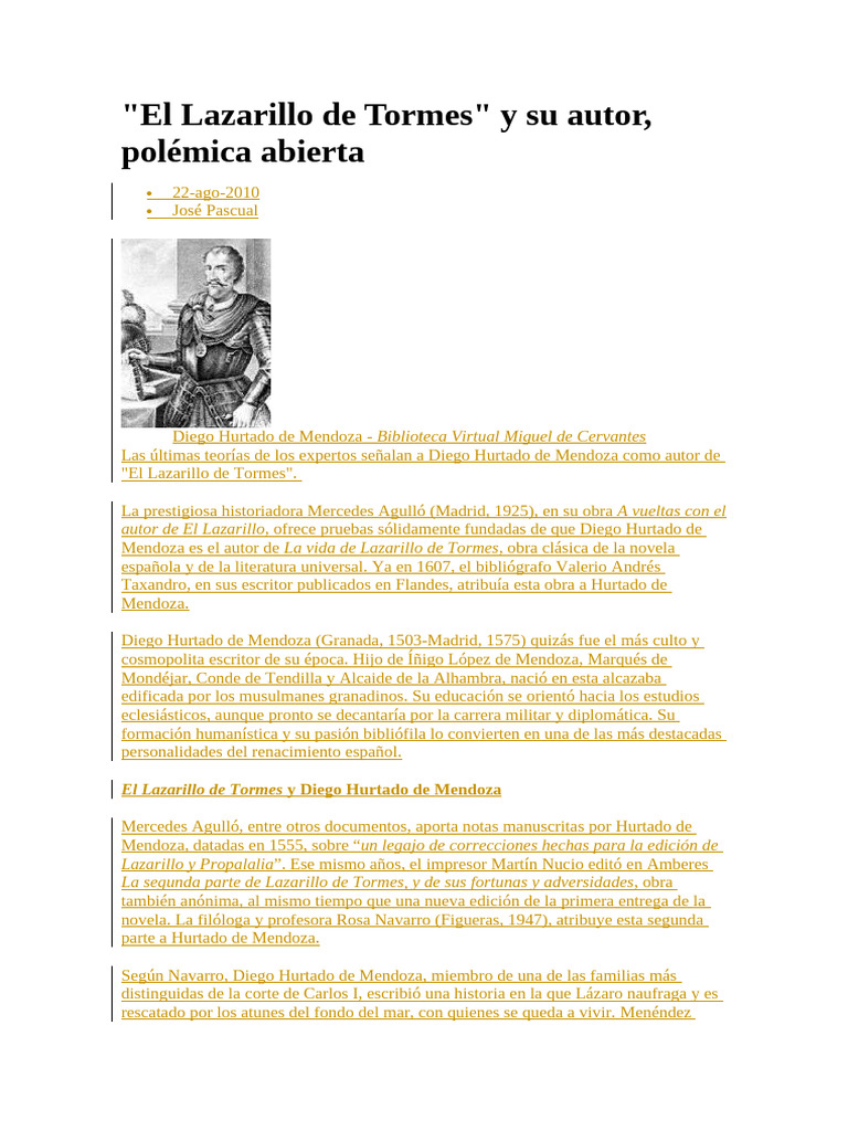 Autoría de El Lazarillo de Tormes | PDF | Autor | Escritura