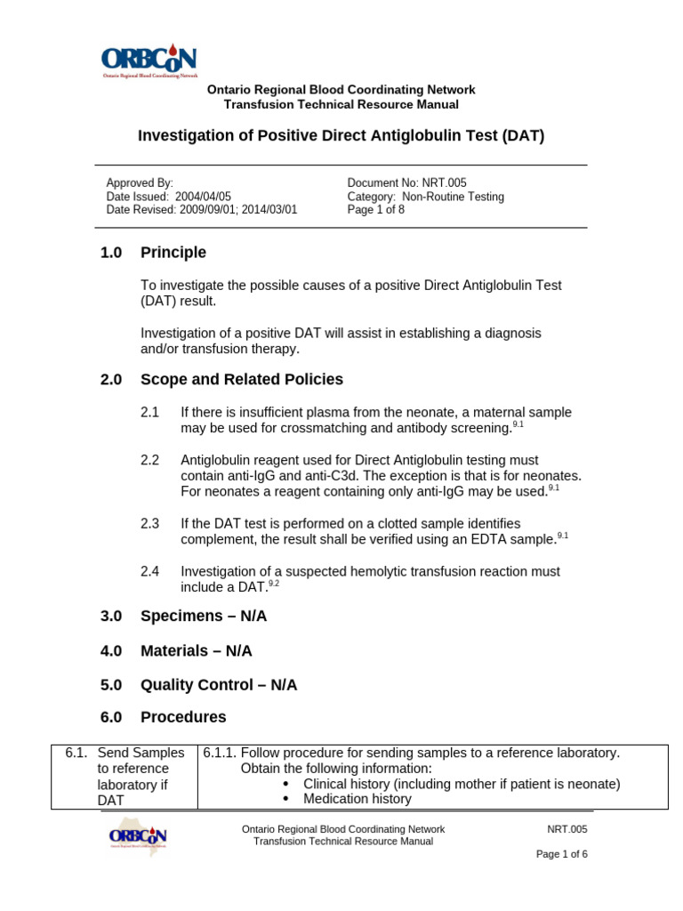 NRT.005 Investigation of Positive Direct Antiglobulin Test DAT | PDF ...