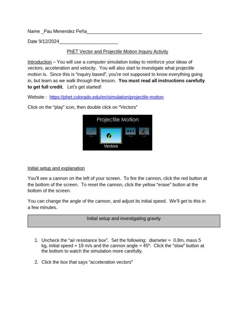 Phet Projectile Motion Activity | PDF | Acceleration | Velocity