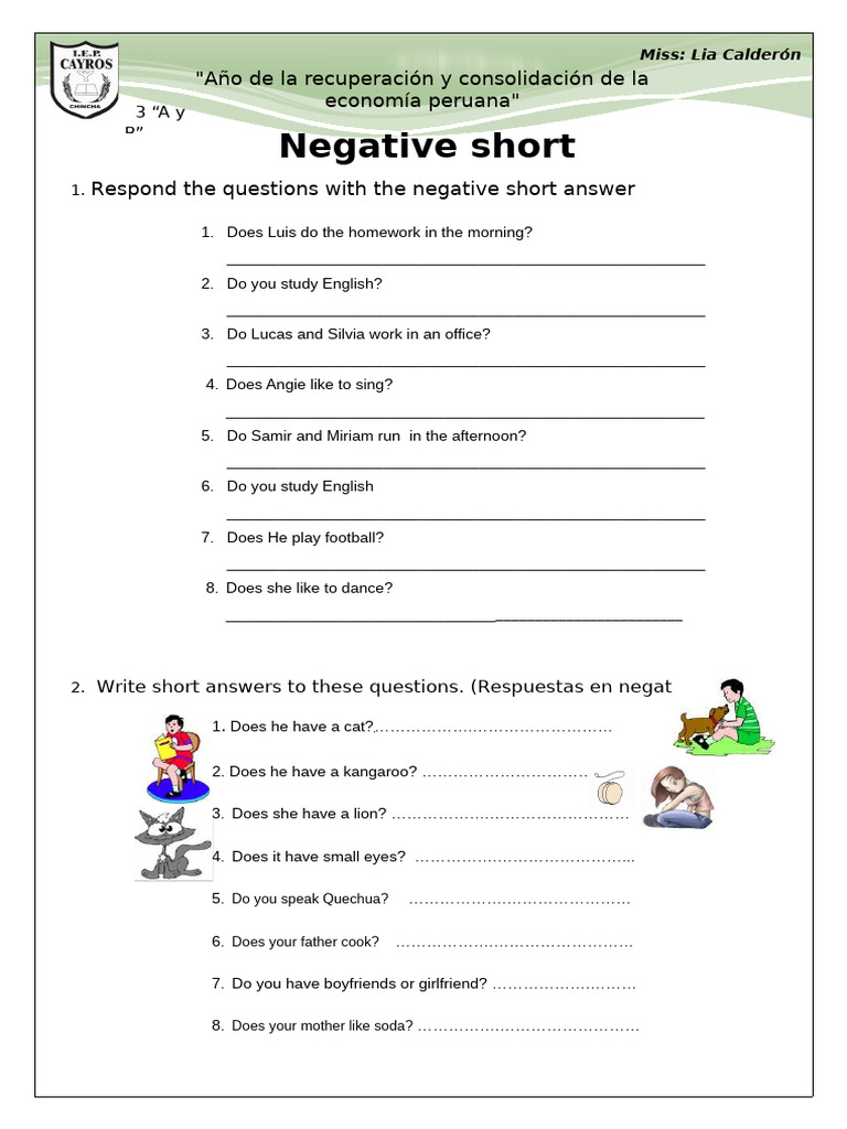 SEMANA 1- INGLÉS ( Negative short answer - Possessive Adjectives)3 AÑO ...